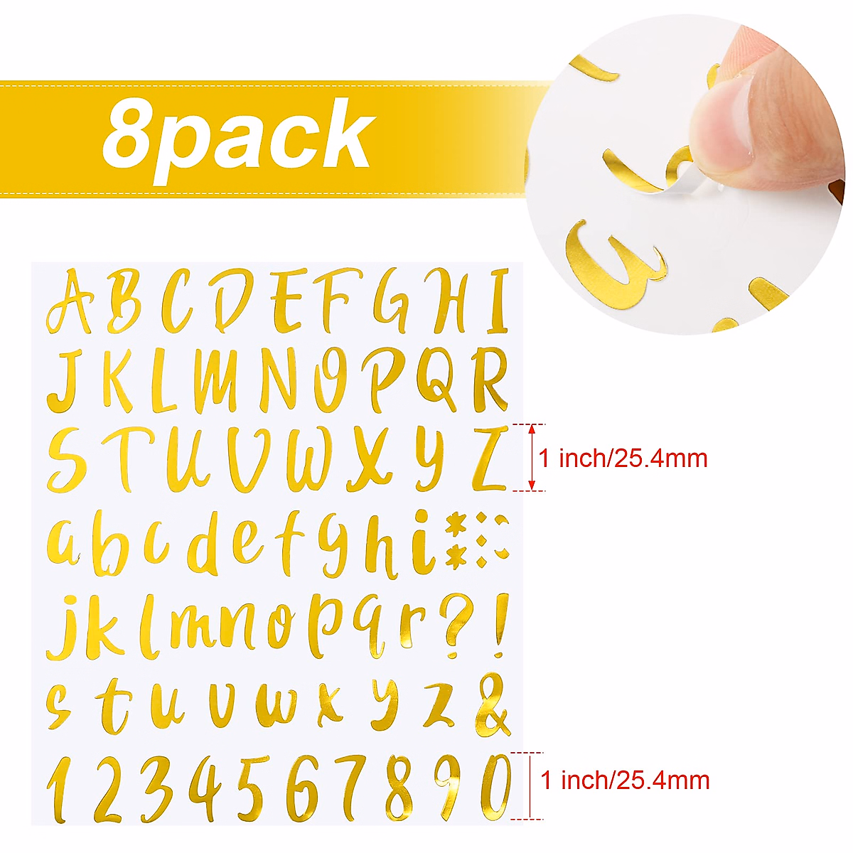 Outus 576 Pieces 8 Sheets Letters Stickers Self Adhesive Vinyl Letter Alphabet Number Stickers Mailbox Numbers Sticker, Decals for Classroom Decor, Sign, Door(Gold,1 Inch)