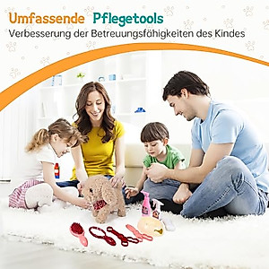 GOBRILLFUN Interactive Plush Puppy Toy with Remote Control - Electronic Stuffed Animal Dog can Walks, Barks & Wags Tail, 10 Pcs Pet Care Playset, Realistic and Fun for 3-6-Year-Old Kids