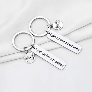 PLITI Funny Best Friend Keychain i Get Us Into Trouble i Get Us Out Of Trouble Matching Keyring Set Gift For Good Friend Siblings Troublemaker Gift Bestie Gift Friendship Jewelry (into trouble set)
