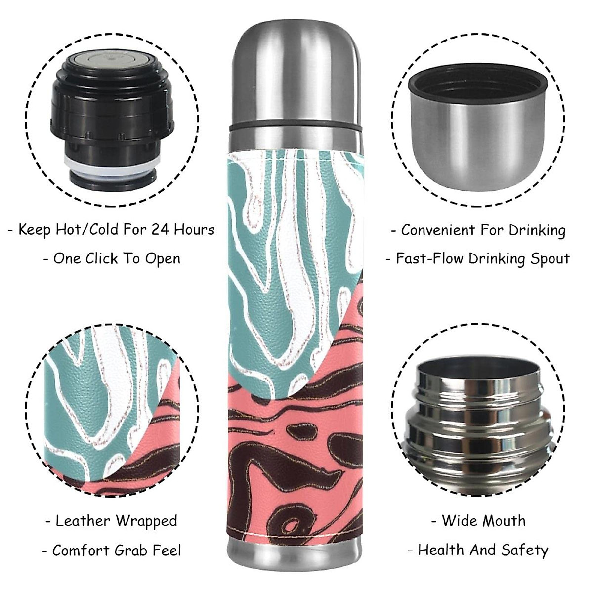 Stainless Steel Leather Vacuum Insulated Mug Abstract Texture Thermos Water Bottle for Hot and Cold Drinks Kids Adults 16 Oz