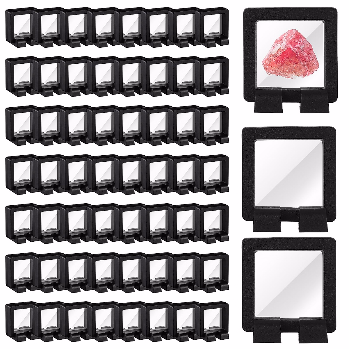 Tondiamo 60 Set 3D Floating Display Case Transparent PE Film Jewelry Storage Box Coins Frame Stand Holder for Guitar Pick Medallion Medals Gems Rocks Pins Chip (Black,4.33'' x 4.33'')