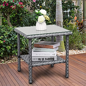 Outdoor PE Wicker Side Table - Patio Rattan Garden Coffee End Square Table with Glass Top Furniture, Grey
