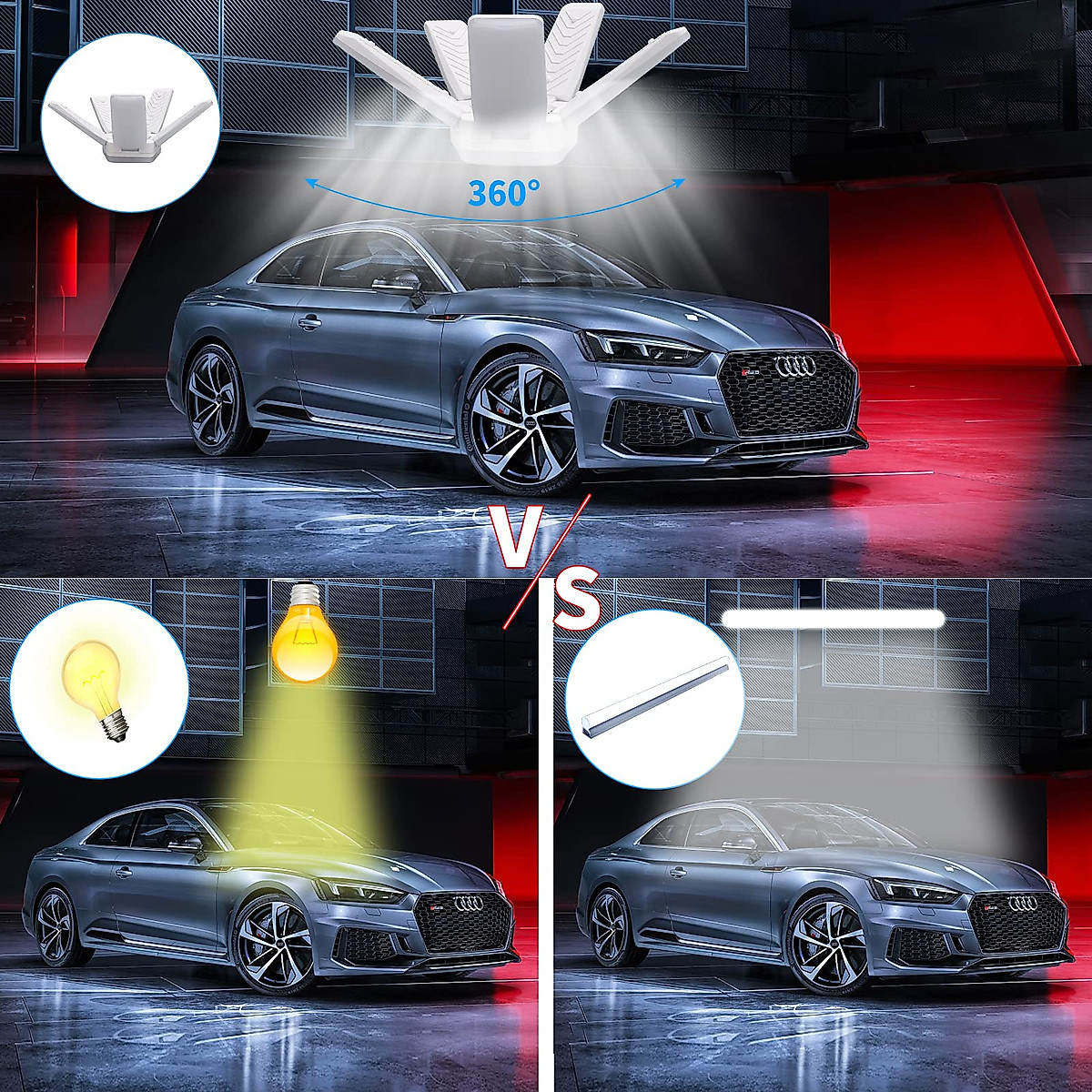 TUODAW LED Garage Lights 2 Pack, The New 100W Deformable LED Shop Lights with 5 Adjustable Panels, E26/E27 LED Ceiling Light, 10000LM 6500K Hight Bay Light for Basement Warehouse Workshop