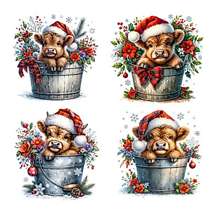 4 Piece 6"x6" Christmas Highland Cows 100% Cotton Fabric Panel Squares - Quilting Sewing Blocks