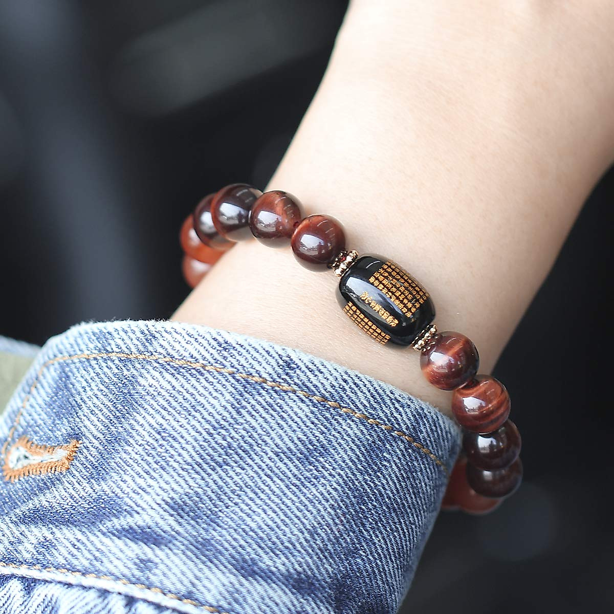 Jewever Triple Protection Feng Shui Bracelet Healing Bangle- Tiger Eye - Obsidian - Sutra Agate 10mm beads Stone Amulet Unisex Jewellery