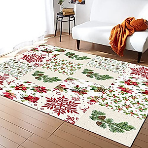 Indoor Area Rug - Welcome Mat Living Room Area Rugs Washable Non-Slip Floor Carpet for Bedroom Farmhouse Dorm (Farmhouse Christmas Snowflake Pine Needle Poinsettia, 2'x3')