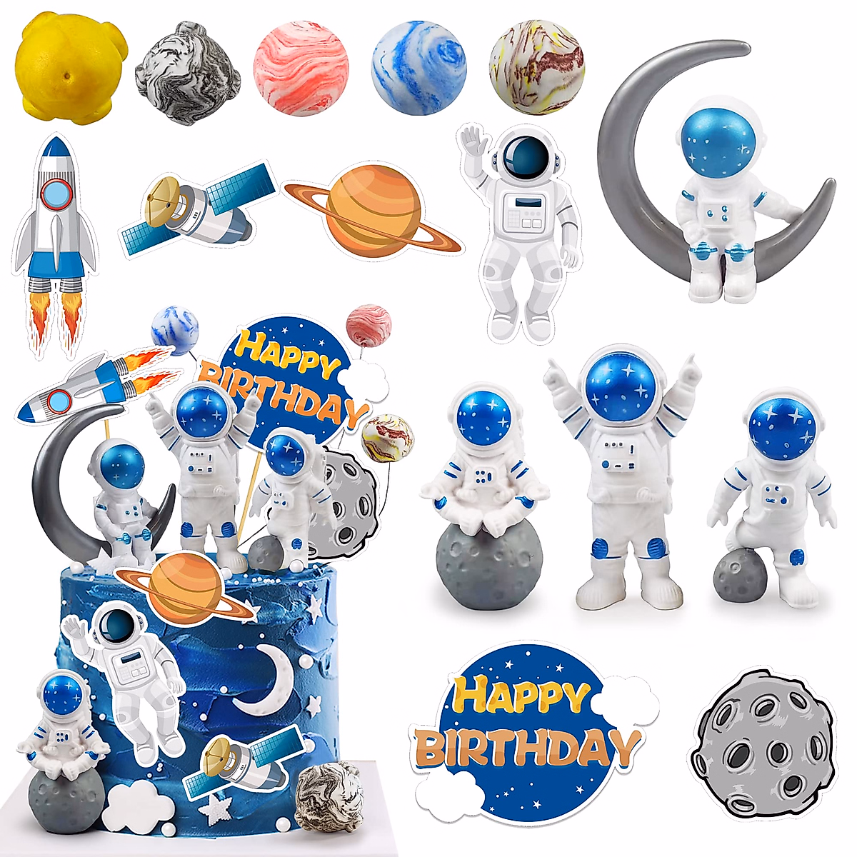 Astronaut Figurines Space Cake Toppers Astronaut Planet Rocket Satellite and Star Space DIY Cake Toppers for Space Theme Party Birthday Party Baby Shower Supplies (Blue)