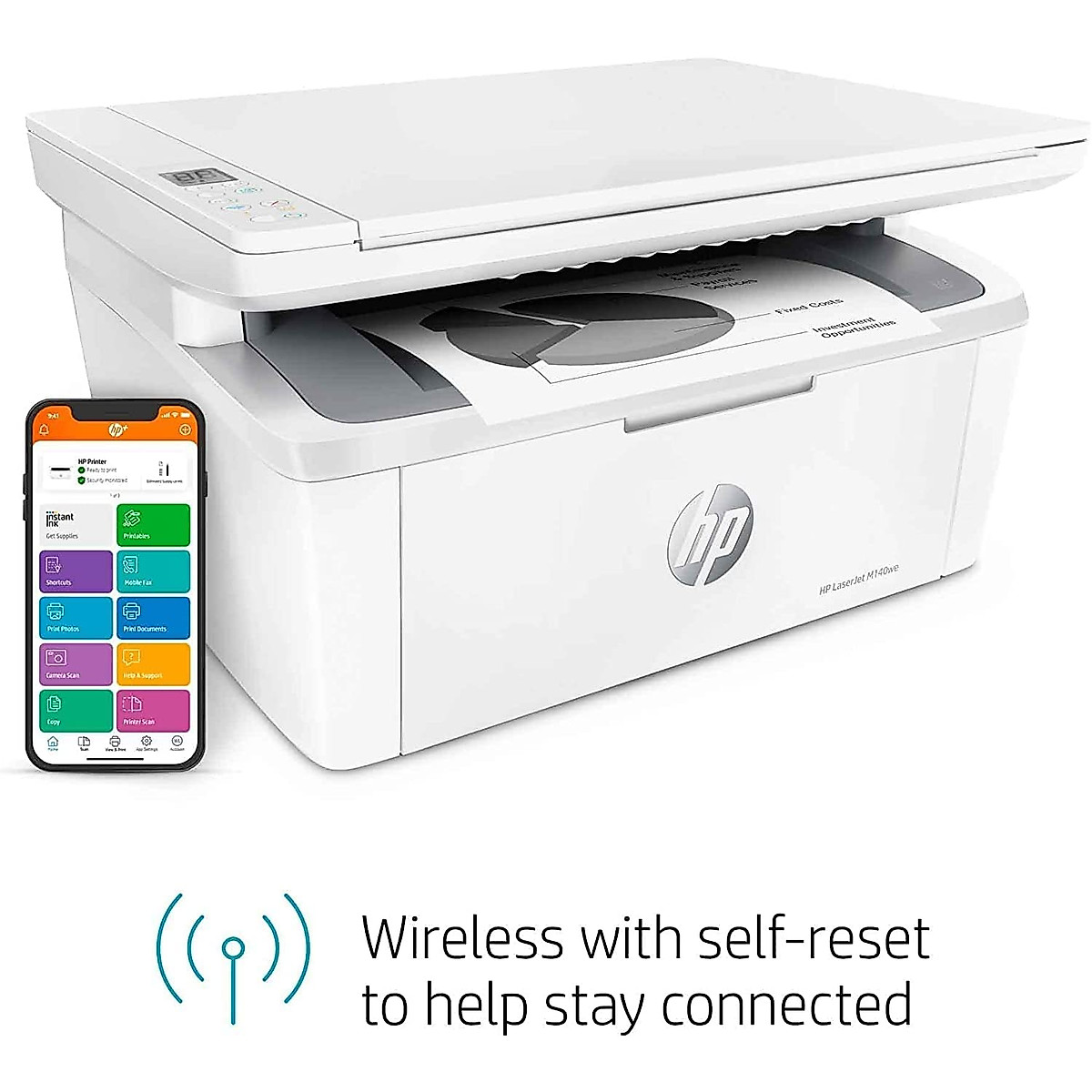 HP Laserjet MFP M140we Wireless All-in-One Monochrome Laser Printer and Bonus 6 Months Instant Ink, White - Print Copy Scan - 21 ppm, 600 x 600 dpi, 8.5 x 14, Cbmou Printer_Cable