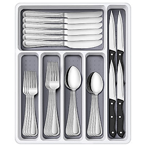 Hiware 48-Piece Silverware Set with Organizer, Stainless Steel Flatware for 8, Cutlery Utensil Sets with Steak Knives, Rust-proof, Mirror Polished, Dishwasher Safe