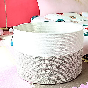 Casaphoria XXXLarge Cotton Rope Basket for Living Room - Woven Storage Basket with Handle for Blankets, Towels and Pillows Laundry Hamper | White and Brown (22" x 22" x 14")