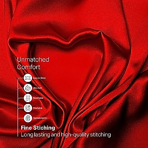 AL AHMEDANI LINEN Red Satin Sheets Queen - Luxurious 4-Piece Red Silk Bed Sheets - Silky Smooth, Deep-Pocket 1 Fitted Sheet, 1 Flat Sheet, 2 Pillowcases