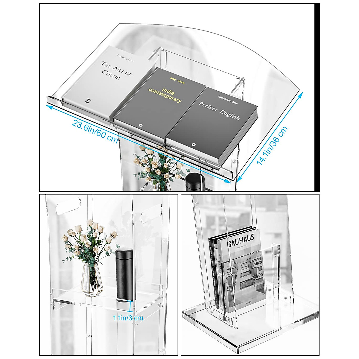 KSacry Acrylic Clear Podium Stand with Storage Shelf,Plexiglass Pulpits for Churches,Conference,Speeches,Weddings,Classroom,Professional Presentation Podiums (23.6" L X 17.7" W X 47" H, Transparent)