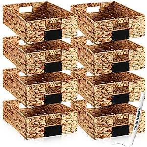 Nitial 8 Pcs 16 x 12 x 5 Inch Wicker Storage Basket, Rectangular Water Hyacinth Storage Baskets for Shelving, Foldable Woven Pantry Organizer with Chalkboard Label and Chalk Marker (Classic Color)