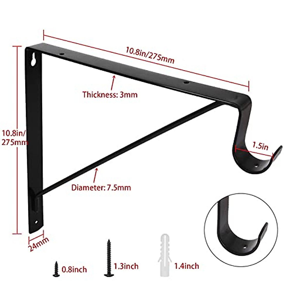 4 Pack Closet Shelf & Rod Brackets, Heavy Duty Closet Shelf Bracket with Rod Support, 11”x11”, 1-3/8” Dia Black Wall Mount Clothes Hanger Closet Pole Support Bracket for Shelf Storage and Closet Rod