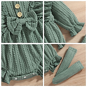 GRNSHTS Newborn Baby Girl Clothes Ruffle Solid Sweater Romper Long Sleeve Button Bodysuit+Hairband+Socks 3Pcs Fall Winter Outfits(Green,6-9 Months)