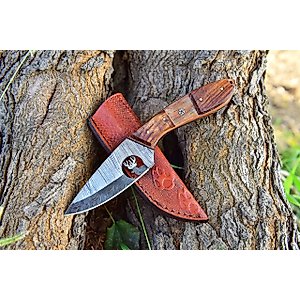 Damascus Hunting Knife - Handmade Knife, Hand Forged Fixed Blade Knife, Camping Knife & Hunting Knives - Gift Knives & Bowi Knives with Rose Wood Handle - Leather Knife Sheath