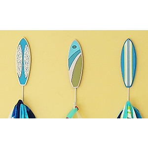 Tumbler Home Tropical Surfboard Wall Hooks – Set of 3 – Blue/Green/White Theme – 9” Tall