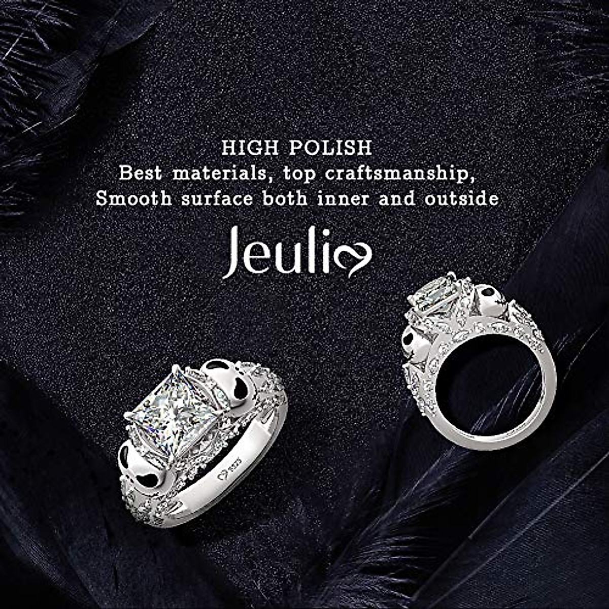 Jeulia Jack Skellington Rings Women Nightmare Before Christmas Skull Rings 925 Sterling Silver Princess Cut Band Ring Anniversary Promise Romantic for Her Teen Girls (6)