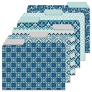 Coastal Blues File Folder Value Pack - Set of 24 File Folders with Staggered Tabs, 6 Designs, Graphic Geometric Print, Office Supplies, Letter Size,  9 ½  x 11 ¾ Inches