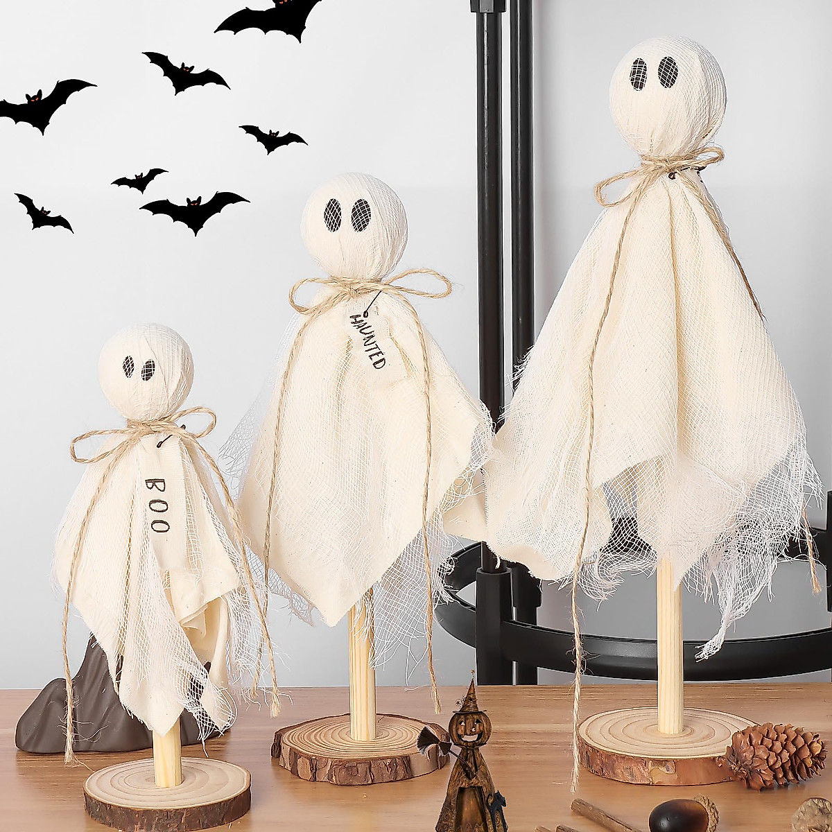 RERCIT 3 Pack Halloween Ghost Kits Decor Indoor with Wooden Stand, Halloween Centerpieces for Tables, Halloween Mantel Decorations