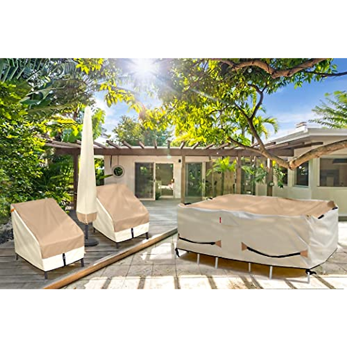 Porch Shield Patio Table Cover - Waterproof Outdoor Dining Table and Chairs Furniture Set Cover Rectangular - 84 x 56 inch, Light Tan & Khaki