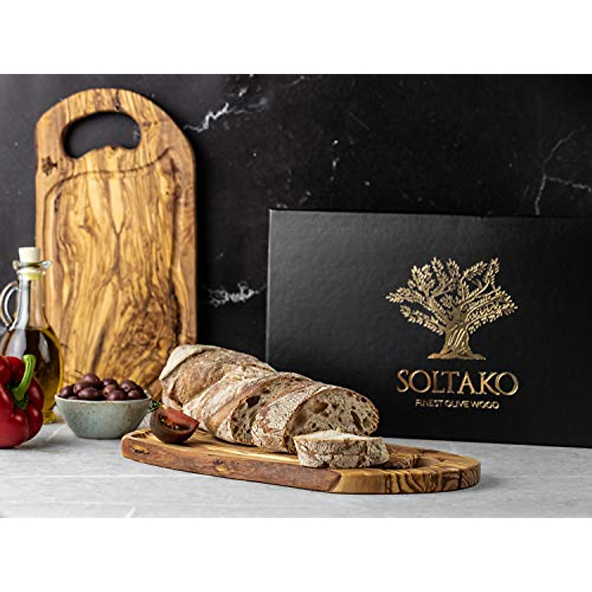 SOLTAKO Olive Wood Cutting Steak Board, Wooden Charcuterie Board, Large Cheese Board, Hand Made Serving Platter, Rustic Chopping Board with Juice Groove, Chopping Board with Handle (17,7")