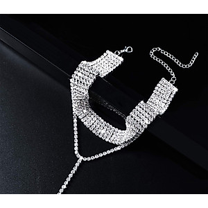 EFTOM Rhinestone Choker Necklaces Silver Sparkly Diamond Choker Long Tassel Choker Necklace for Women 5 Rows