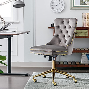 i-POOK Swivel Shell Office Chair, Velvet Upholstered Tufted Button Home Office Chair with Golden Metal Base and 5 Wheel, Adjustable Desk Chair Swivel Task Chair for Living Room Bedroom, Gray