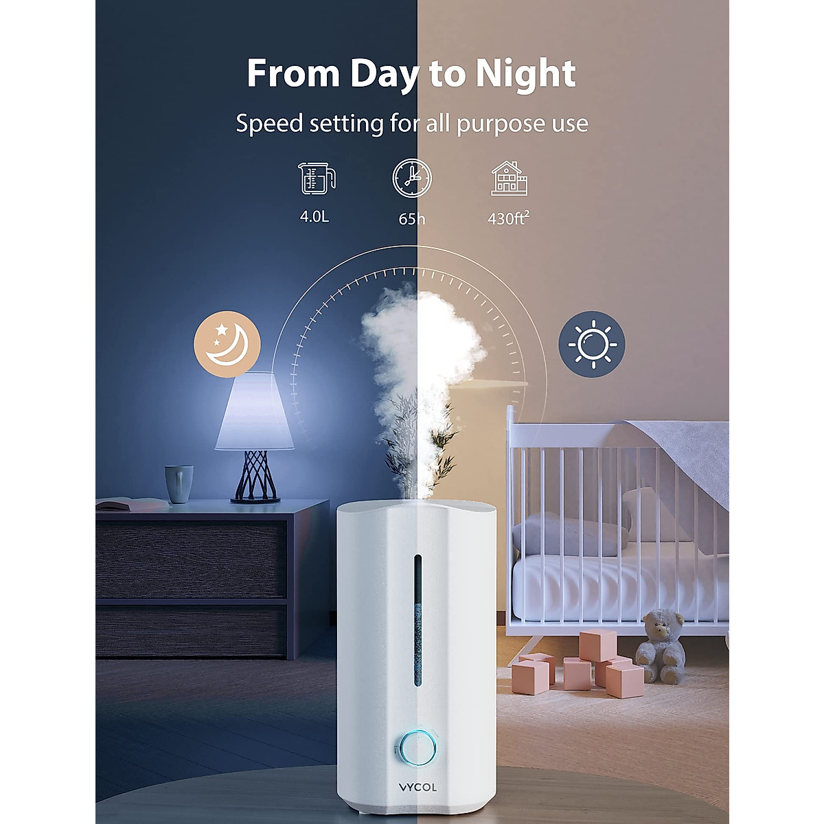 VYCOL Humidifiers for Bedrooms, 4L Ultrasonic Top Fill Cool Mist Humidifier for Large Room, Plants, Super Quiet, Lasts up to 65 Hours, Auto Shut-Off Air Vaporizer for Baby, Kids & Nursery White