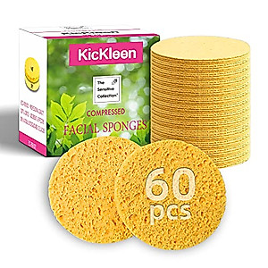 60-Count Compressed Facial Sponges|100% Natural Kickleen Cellulose Cosmetic Spa Sponges for Daily Facial Cleansing|Makeup and Mask Removal | Exfoliating | Skin Massage | Pore Exfoliation (Yellow)