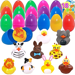 JOYIN 18 Pcs Easter Egg Filled with Animal Rubber Ducks, Easter Theme Party Favor for Kids, Easter Eggs Hunt, Summer Beach, Pool Activity, Basket Stuffers Filler, and Classroom Prize Supplies