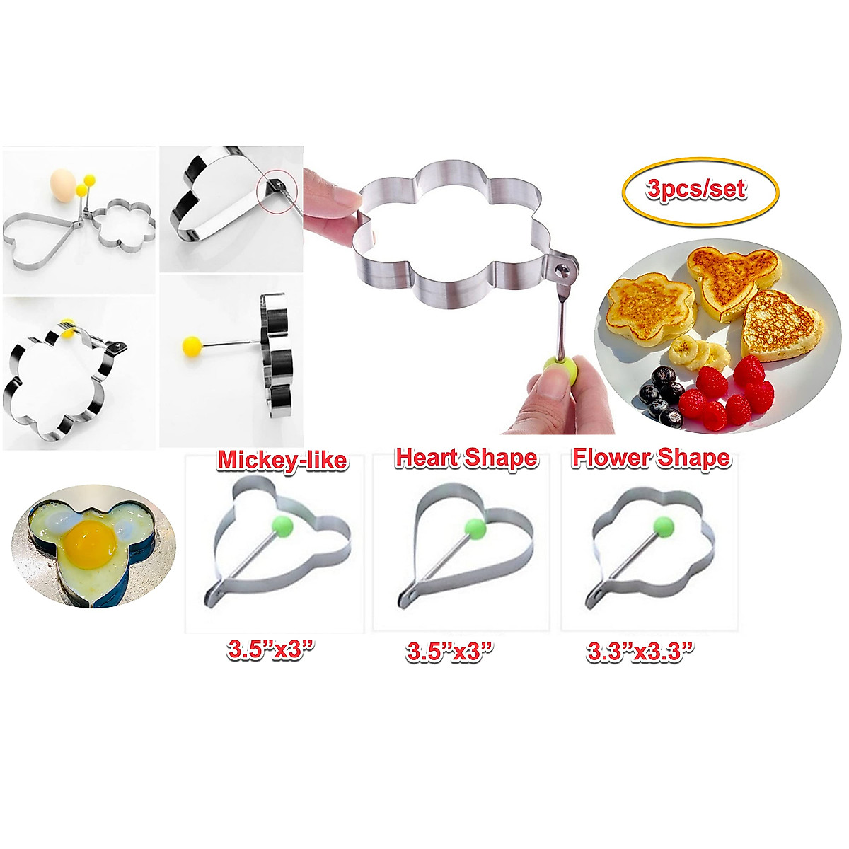 Unique Fried Egg Shaper, Omelette, Pancake, Scrambled Eggs DIY Mold Rings, Specialty Cooking Tool with Handle, Mold Non Stick Stainless Steel for Griddle Pan, Heart, Flower Shape Mickey-like 3Pcs/set