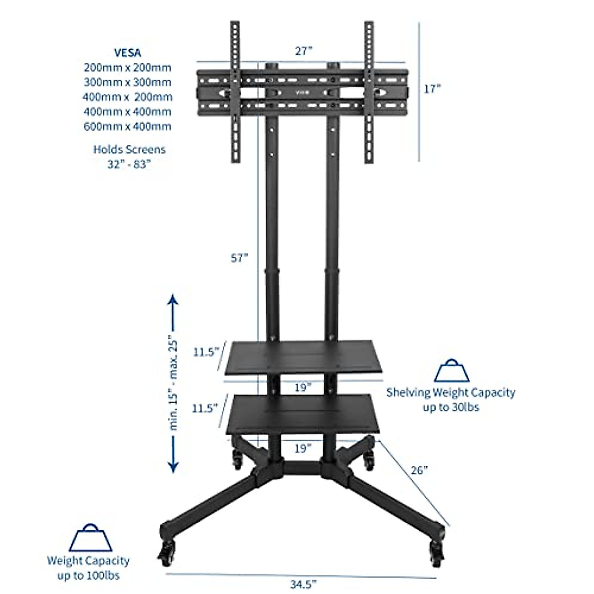VIVO Mobile TV Cart for 32 to 83 inch Screens up to 110 lbs, LCD LED OLED 4K Smart Flat, Curved Panels, Rolling Stand, Dual Laptop Shelves, Locking Wheels, Max VESA 600x400, Black, STAND-TV01B