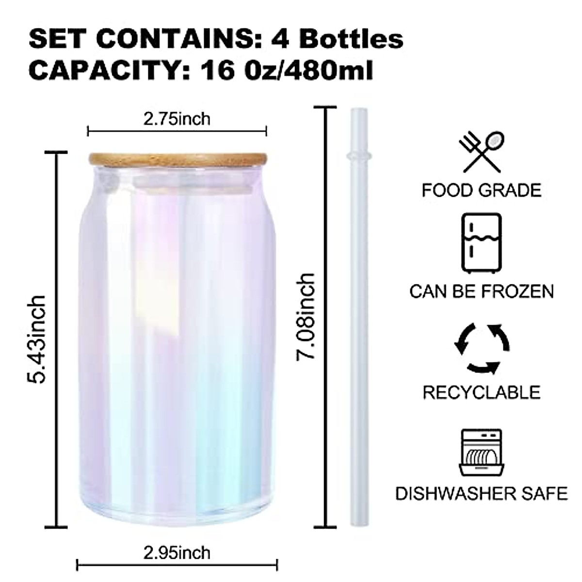 LEFIMOT 4 Pack Drinking Glasses with Bamboo Lids and Straw, 16oz Can Shaped Glass Cups Iced Coffee Cup Beer Glasses Cocktail Glasses Cute Tumbler Cup for Smoothie,Tea,Whiskey,Water,Gift