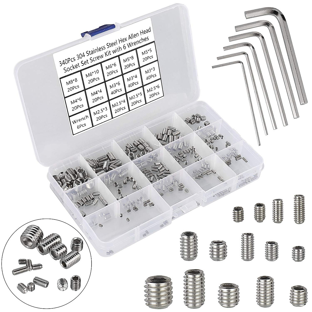 HanTof 340Pcs M2.5, M3, M4, M5, M6, M8 Metric Hex Socket Head Cup Point Set Screws, Allen Head Grub Screw, Internal Hex Drive Headless Set Screw Assortment Kit with 6 Hex Wrenches, 304 Stainless Steel