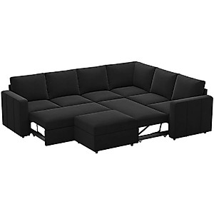Belffin Modular Sectional Sleeper Couch with Pull Out Sofa Bed Velvet Convertible L Shaped Sectional Sofa with Storage Ottoman for Living Room Black