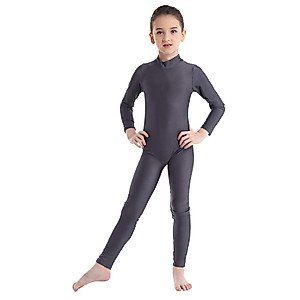 JEATHA Kids Girls Classic Long Sleeves Full Body Gymnastics Exercise Unitard Sports Leotard Bodysuit Costumes Dark Gray 13-14