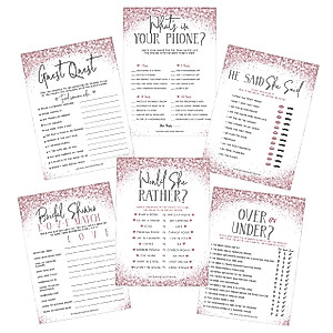 Your Main Event Prints Bridal Shower Games (Set of 6 Fun Activities for 25 Guests) - Pink Glitter Theme - Printed Front and Back, One Game Per Side