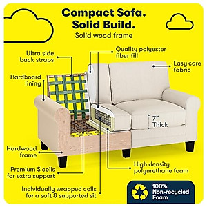 Serta Copenhagen 61" Rolled Arm Sofa, Easy Care Polyester, Soft Pillow Back, Pocket Coil Seat Cushions, Removable Covers, Loveseat or Couch for Small Spaces, Living Rooms or Bedrooms, Buckwheat Beige