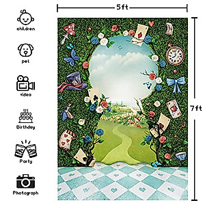 Newsely Wonderland Tea Party Photo Backdrop 5Wx7H Photography Key Hold Checkerboard Green Grass Fence Decorations Background for Newborn Baby Shower Fairy Castle Tale Tapestry Banner Props Supplies