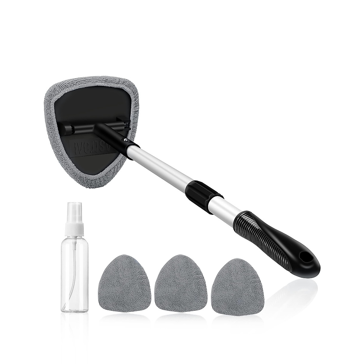 AstroAI Windshield Cleaner, Car Windshield Cleaning Tool Inside with 4 Reusable and Washable Microfiber Pads and Extendable Handle Auto Glass Wiper Kit, Gray