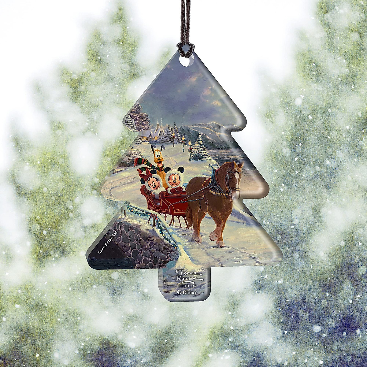 Disney - Mickey and Minnie Mouse - Evening Sleigh Ride – Thomas Kinkade Studios – 3” x 3.9” Tree Shaped Hanging Acrylic Print – Officially Licensed Collectible
