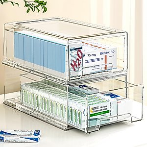 2 pack clear Drawer Plastic stackable Storage Box Bins Organizer，Medicine Container,Family First Aid Kits Medicine cabinet Box,Closet ，Shelf，Ointments, Adhesive Bandages，Cosmetics,Office Items