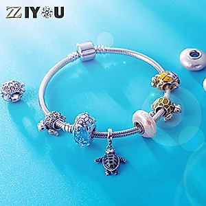 Sea Turtle Charms, on a Blue Bubble Murano Glass Beads, Fit Pandora Ocean Bracelets-925 Sterling Silver Tropical Marine Life Charm Hawaii Vacation Summer Travel