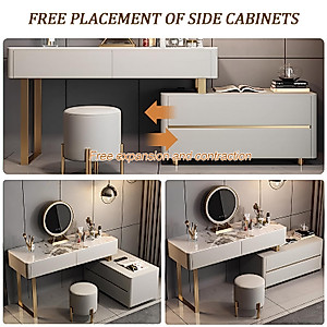 Onaninso Makeup Vanity Table with Lighted Mirror, Vanity Desk with Slate Tabletop and Solid Wood Frame, 4 Drawers, Stool, Side Cabinet, Vanity Set for Bedroom (47.2in)