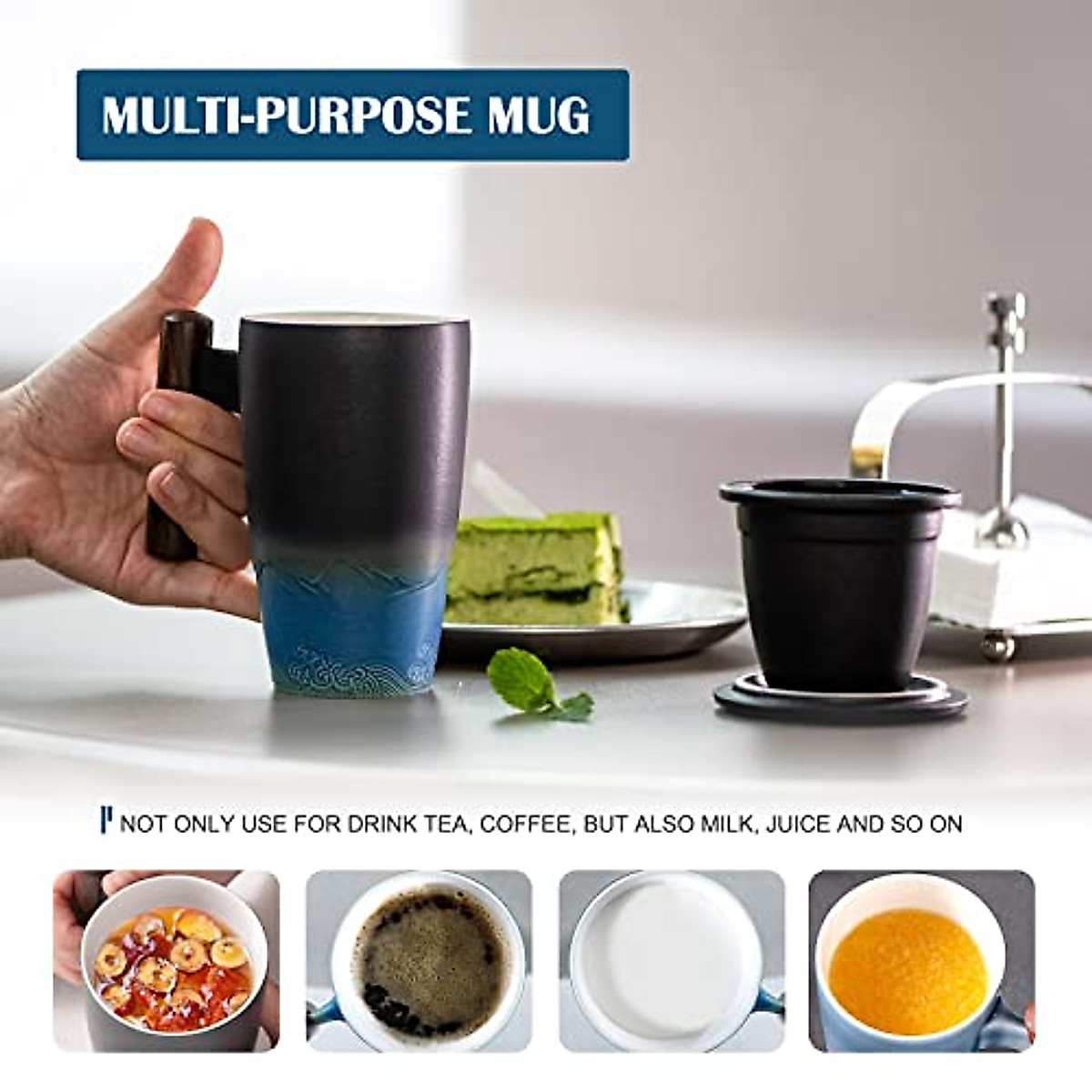 suyika Tomotime Ceramic Tea Cup with Infuser and Lid Tea Mugs Wooden Handle 400ml/13.5oz Black cyan