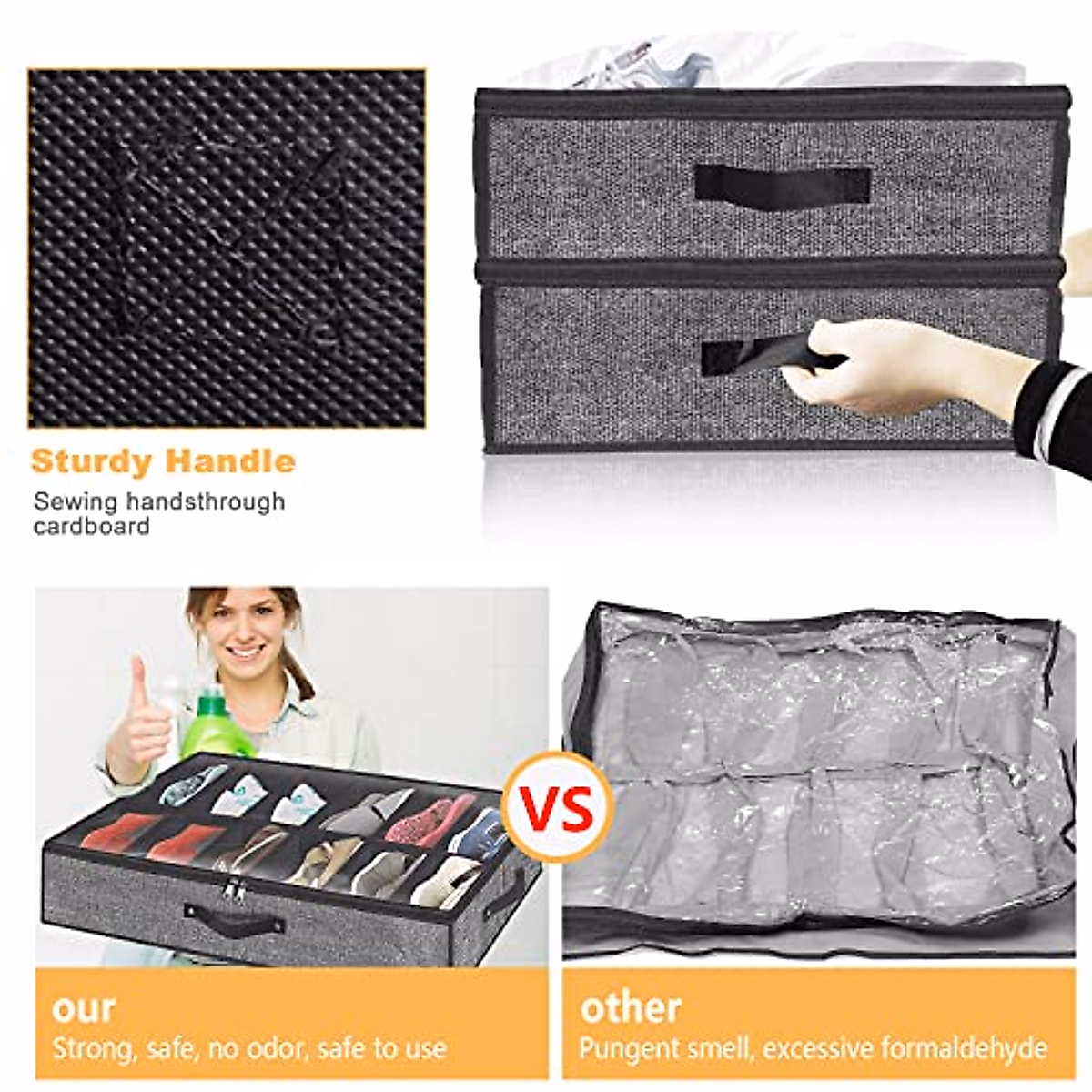 Under Bed Shoe Storage Organizer Fits 12 Pairs- Underbed Shoe Container Solution Shoes Box Bins with Clear Window for Sneakers,High Heels,Flip Flop(Black)