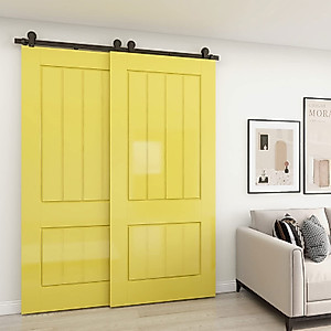 LQKUMJG 6.6FT Bypass Sliding Barn Door Hardware Kit Upgraded Heavy Duty Single Track for Double Doors, Fit 1 3/16" - 1 9/16" Thickness Door Panel, Black (T-Shaped Hanger)