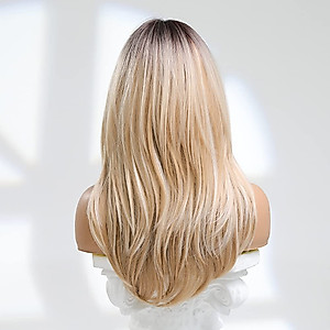 Long Blonde Wig with Bangs Layered Synthetic Hair Wig with Dark Roots for Women (22 Inch)