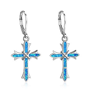 ONEFINITY Opal Cross Earrings Sterling Silver Cross Dangle Drop Earring Cross Leverback Earrings for Women